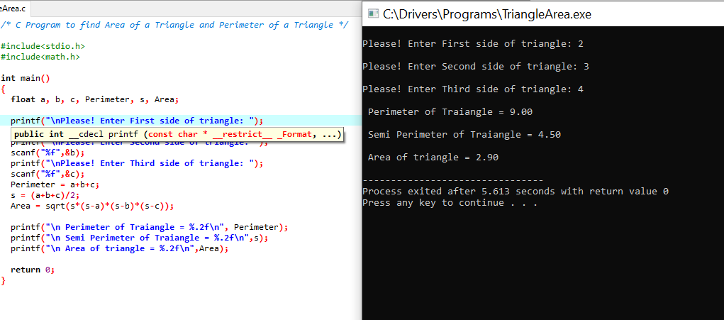 C Program To Find Area Of Triangle Given 3 Sides